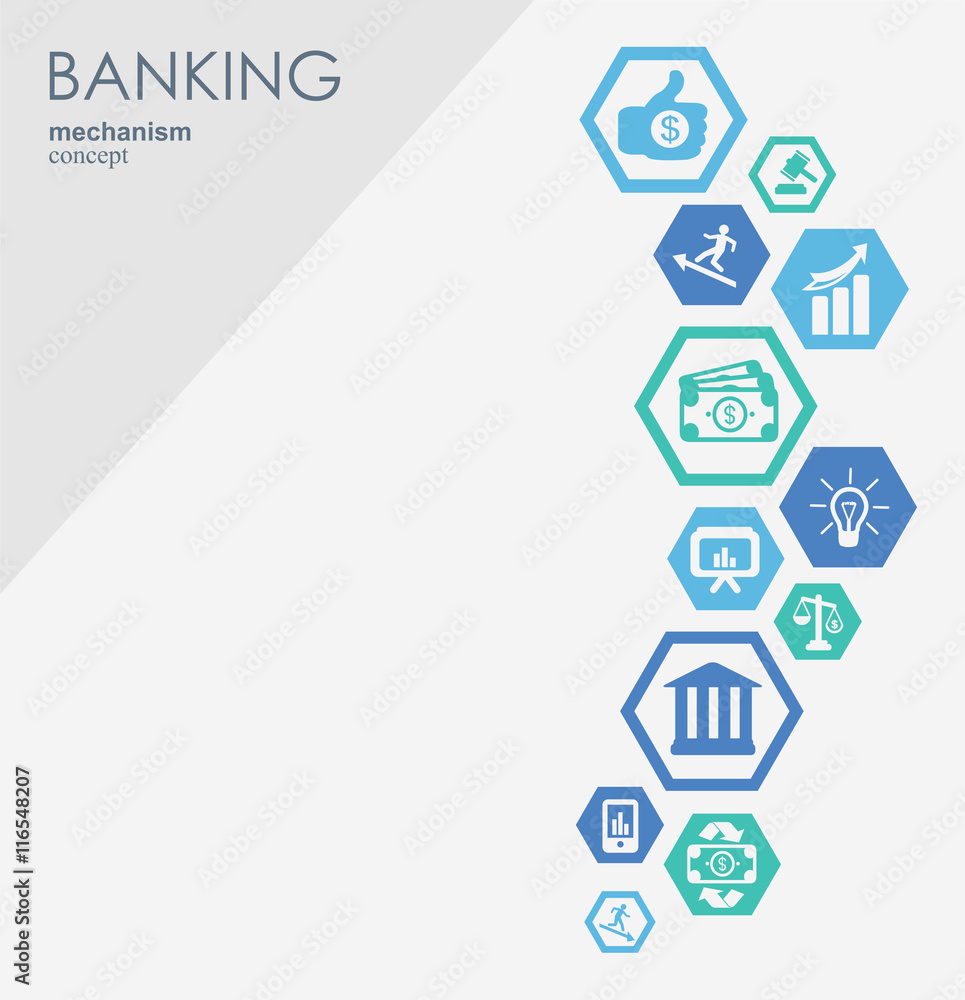 Banking network. Hexagon abstract background with lines, polygons, and ...