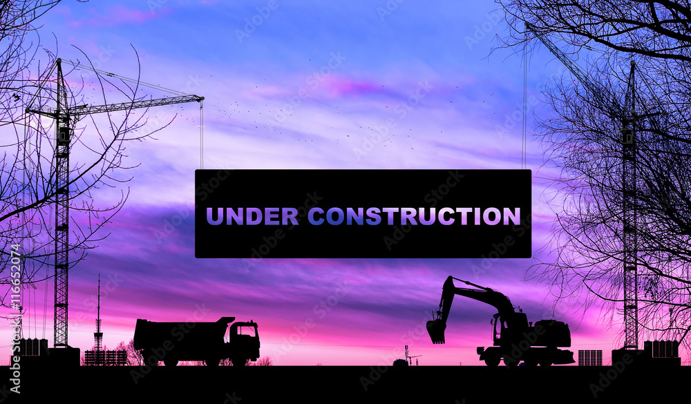 "Under construction" concept at building site with detailed silhouettes ...