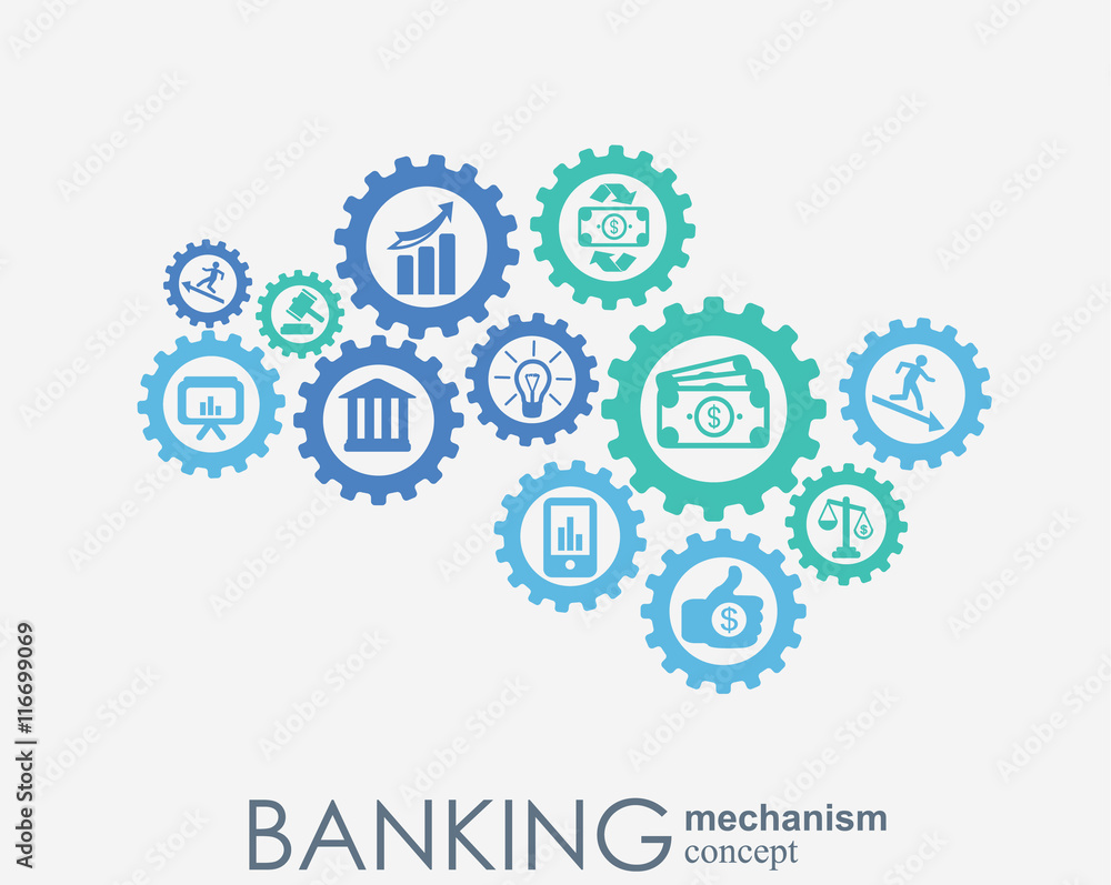 Banking mechanism. Abstract background with connected gears and ...