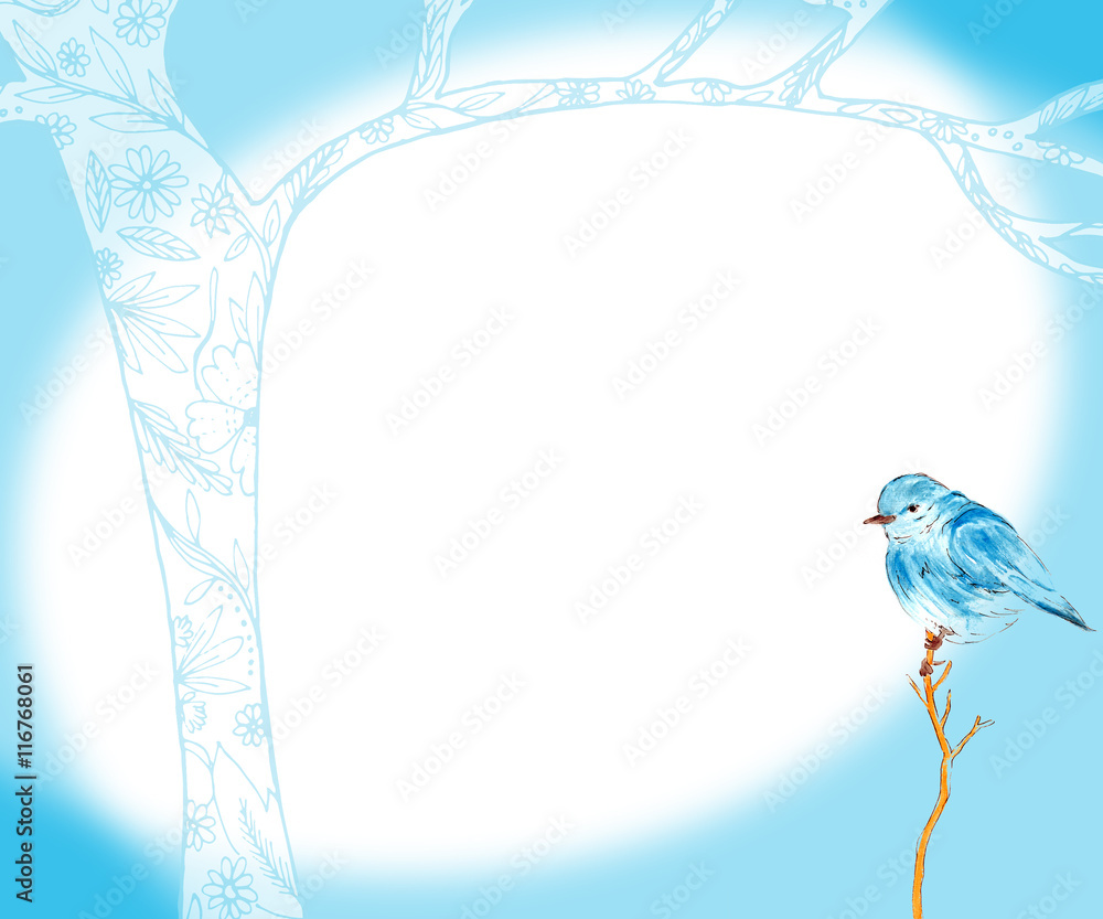 Blue bird watercolor drawing illustration on blue background frame ...