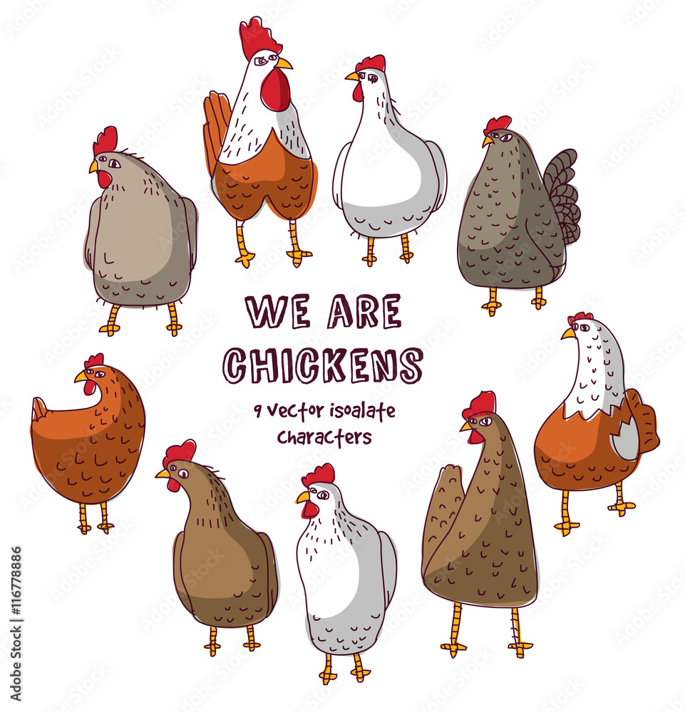 Birds chicken group isolate objects crazy characters. Stock Vector ...