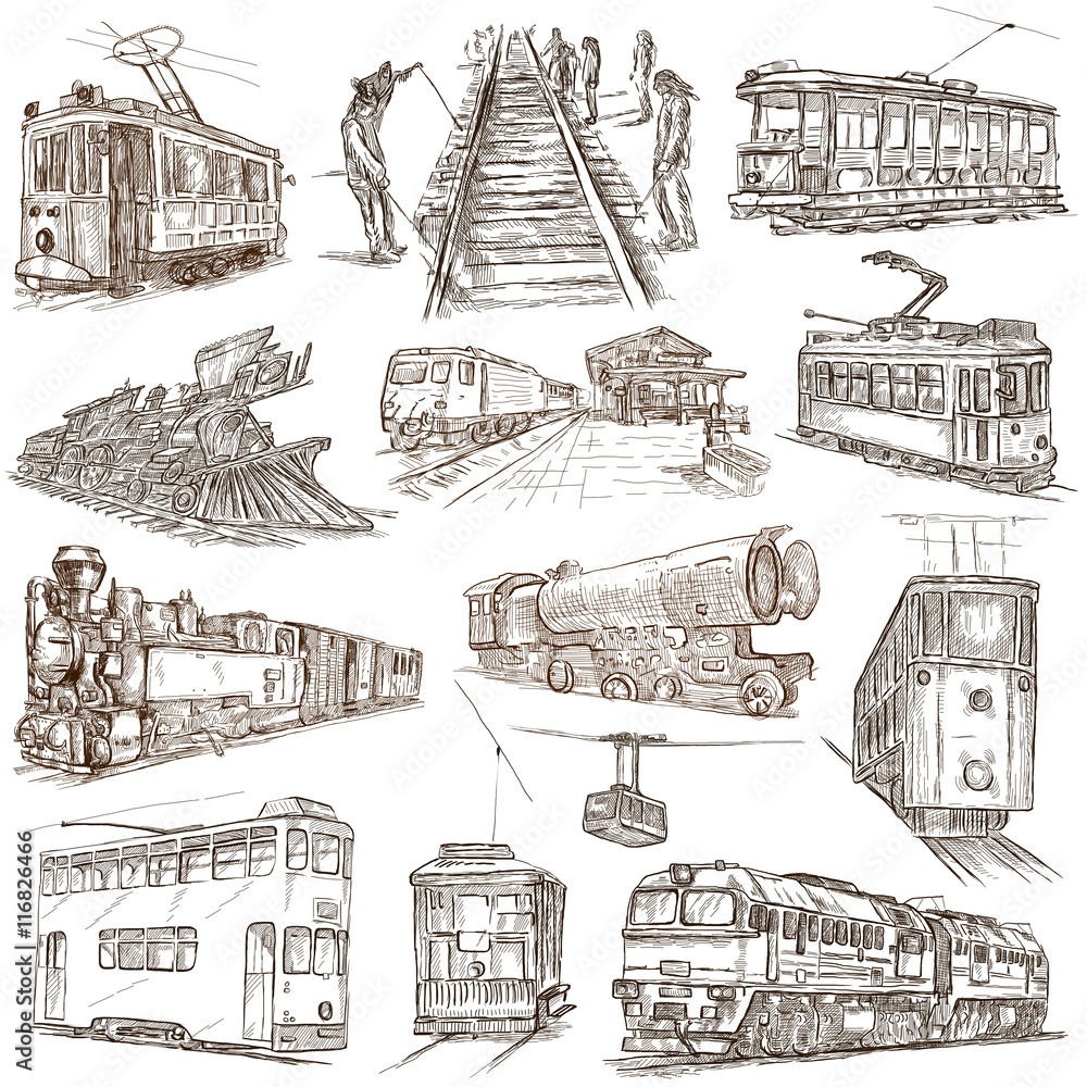 On rails. Train and tram.Transport. Collection of an hand drawing ...