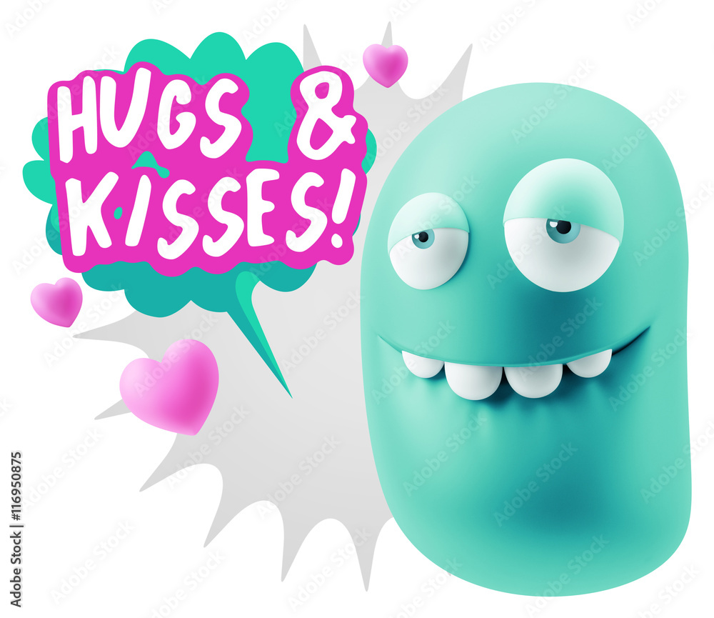 3d Rendering. Love Biting Lip Emoticon Face saying Hugs And Kiss Stock ...