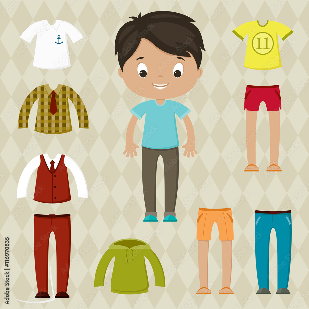 Dress up game. Boy paper doll. Clothes set. Stock Vector | Adobe Stock