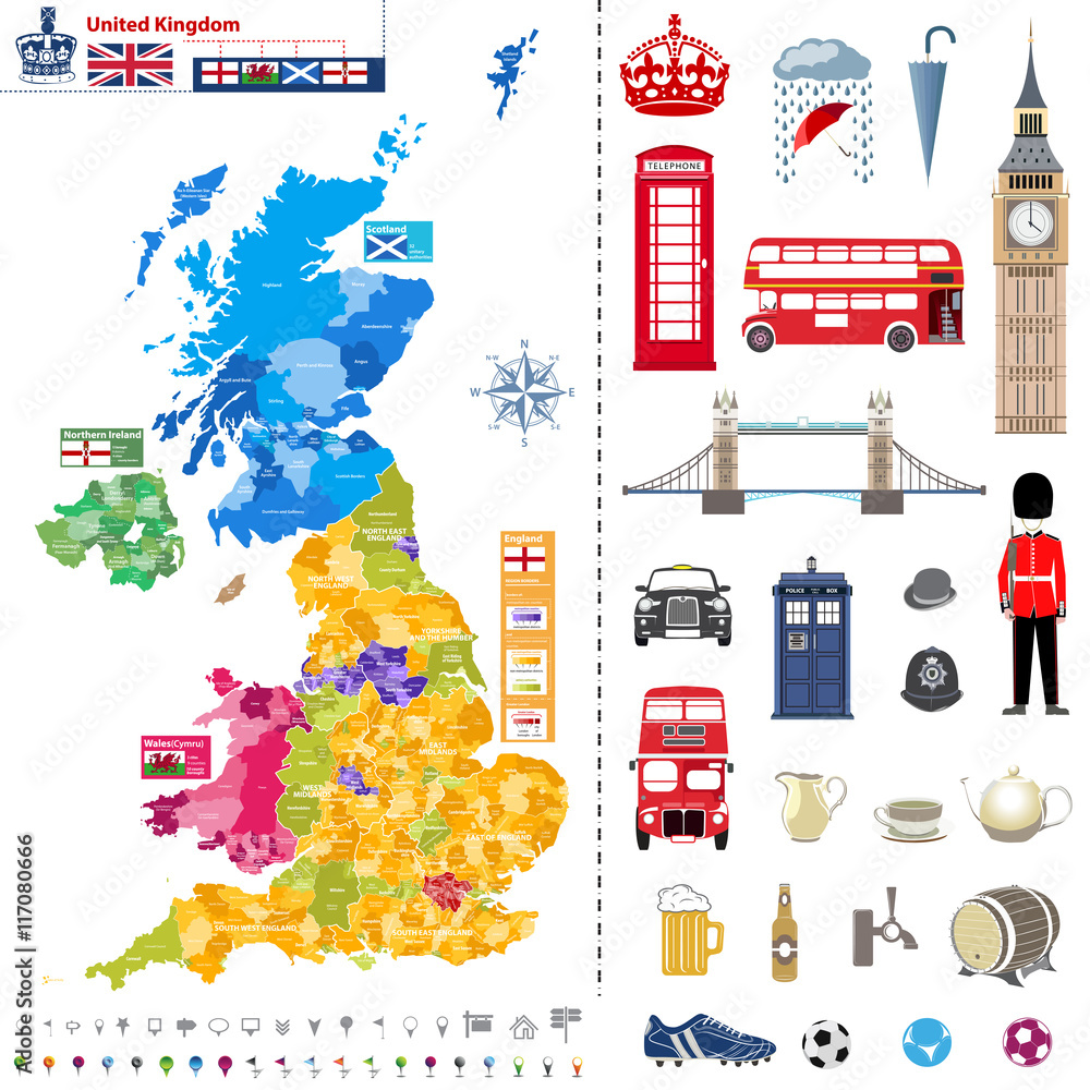 United Kingdom regions map with administrative divisions and titled ...