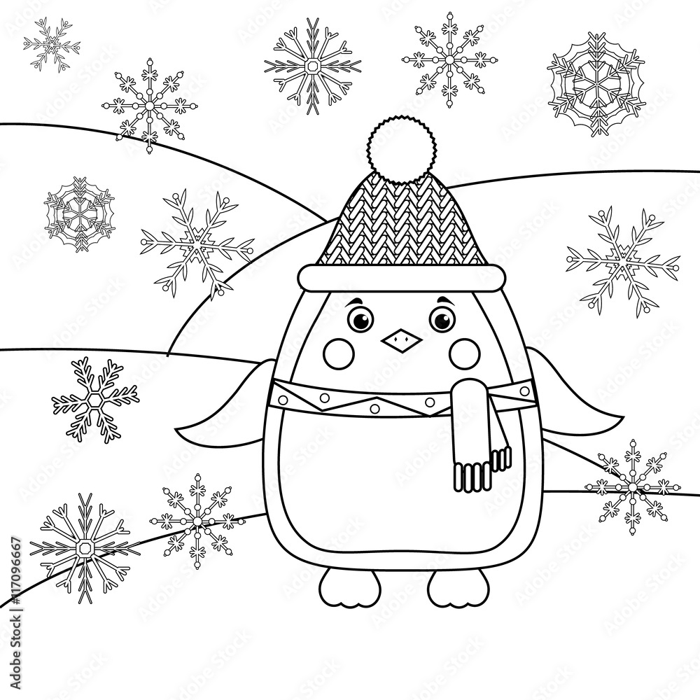 Coloring page with penguin and snowflakes. Educational game, drawing ...