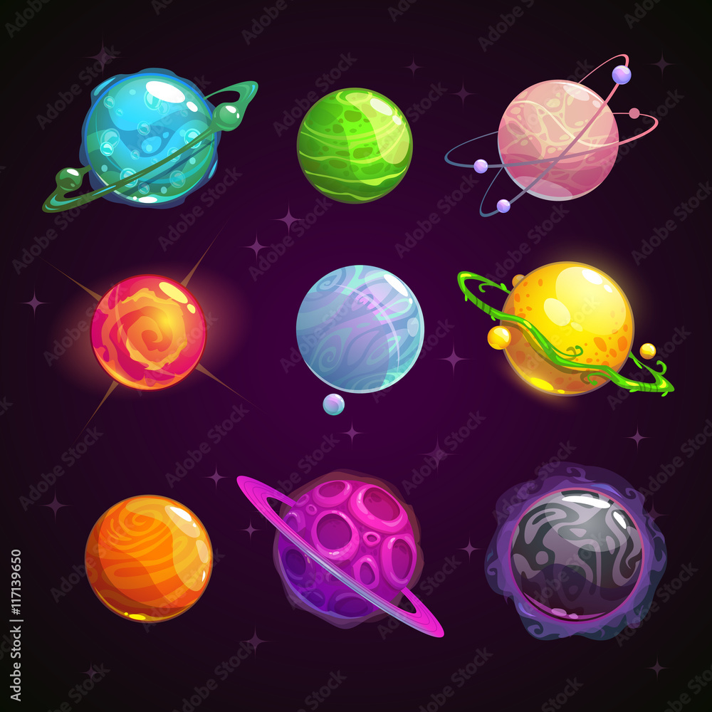 Colorful cartoon fantasy planets set Stock Vector | Adobe Stock