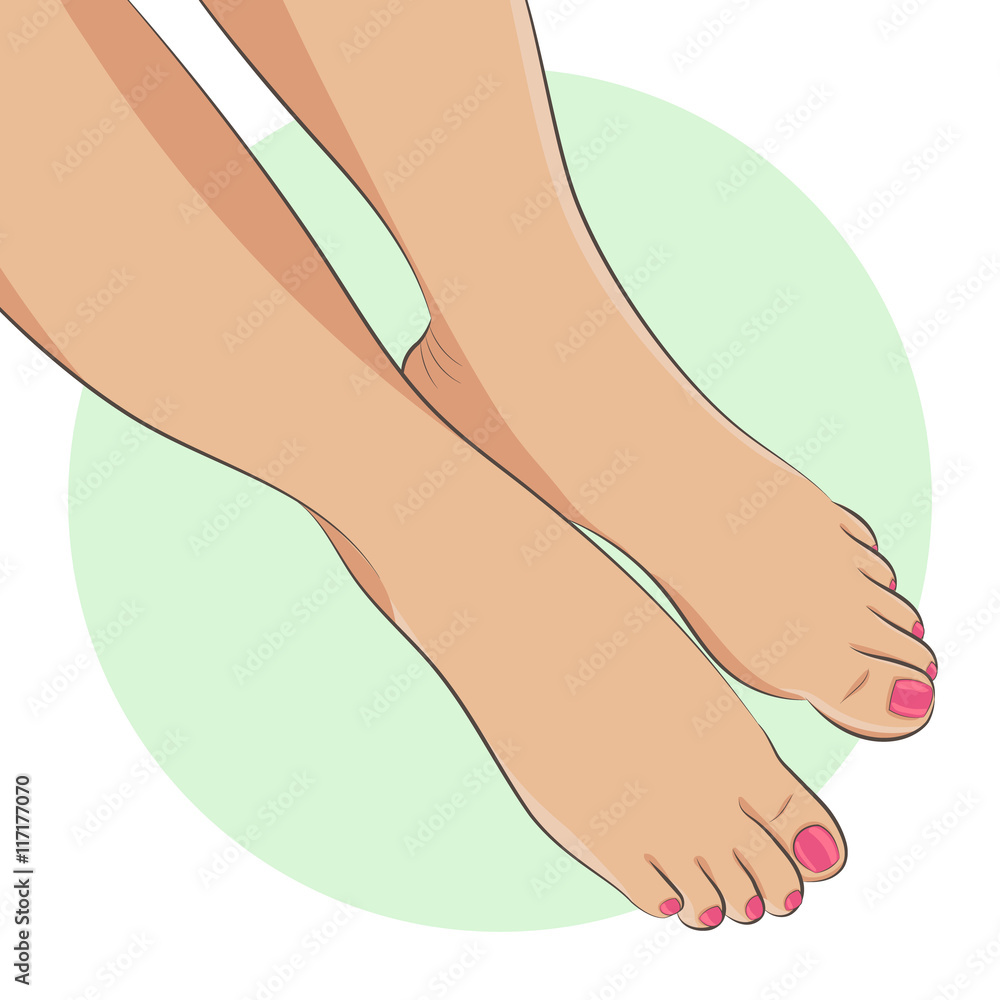 Bare female feet with pedicure, pink toenails. Front view, close up ...