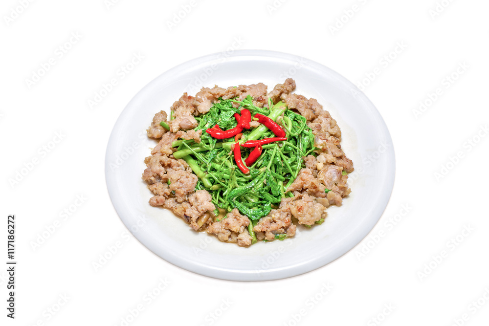 Thai food, Stir Fried Water Mimosa and Minced Pork, Phad Pak Kra Ched ...