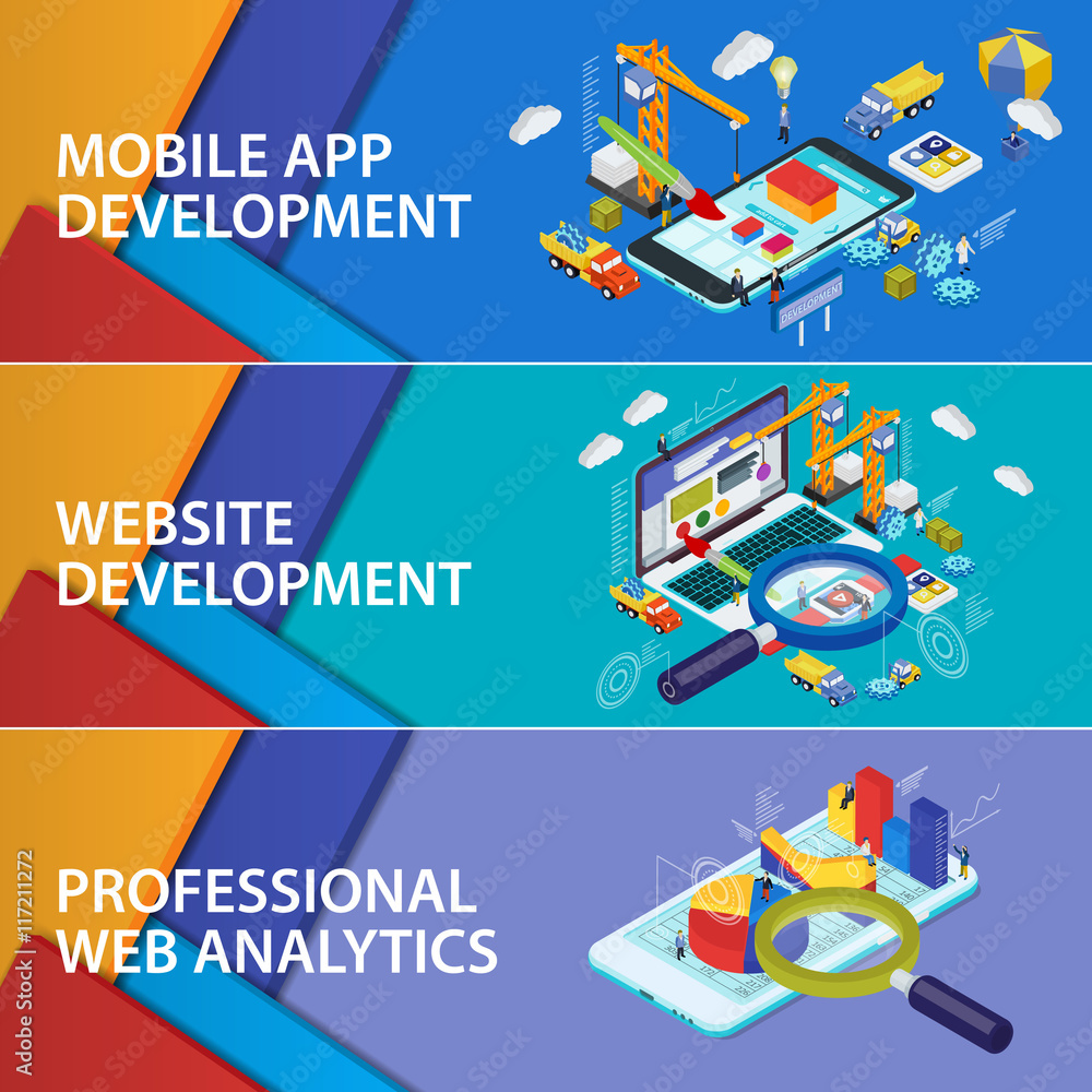 Flat 3d isometric smartphone and laptop. Material design banners. Mobile app development ...