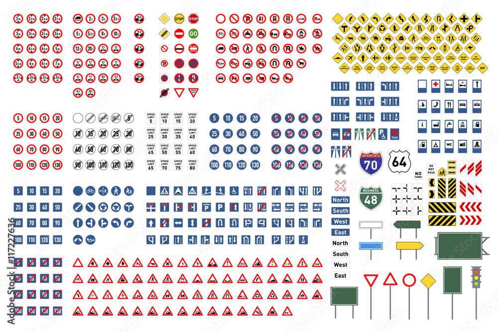 Large set of international road signs on white Stock Vector | Adobe Stock