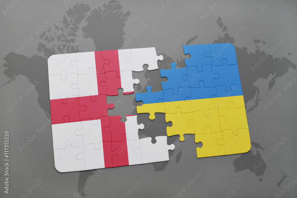 puzzle with the national flag of england and ukraine on a world map ...
