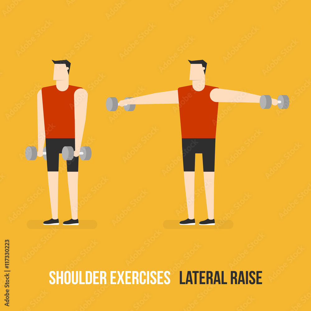 Shoulder Exercises. Lateral Raise. Flat Design Bodybuilder Character ...