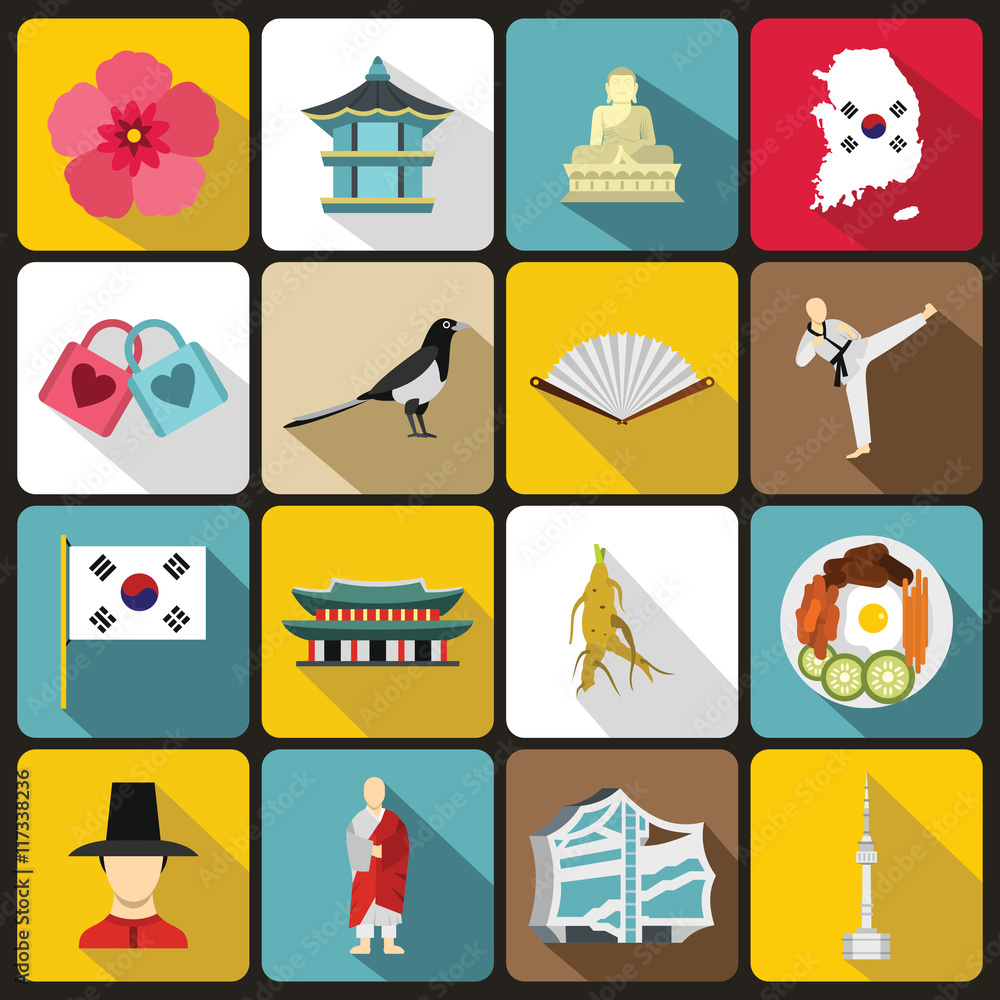 South Korea icons set in flat style. South Korea symbols set collection ...