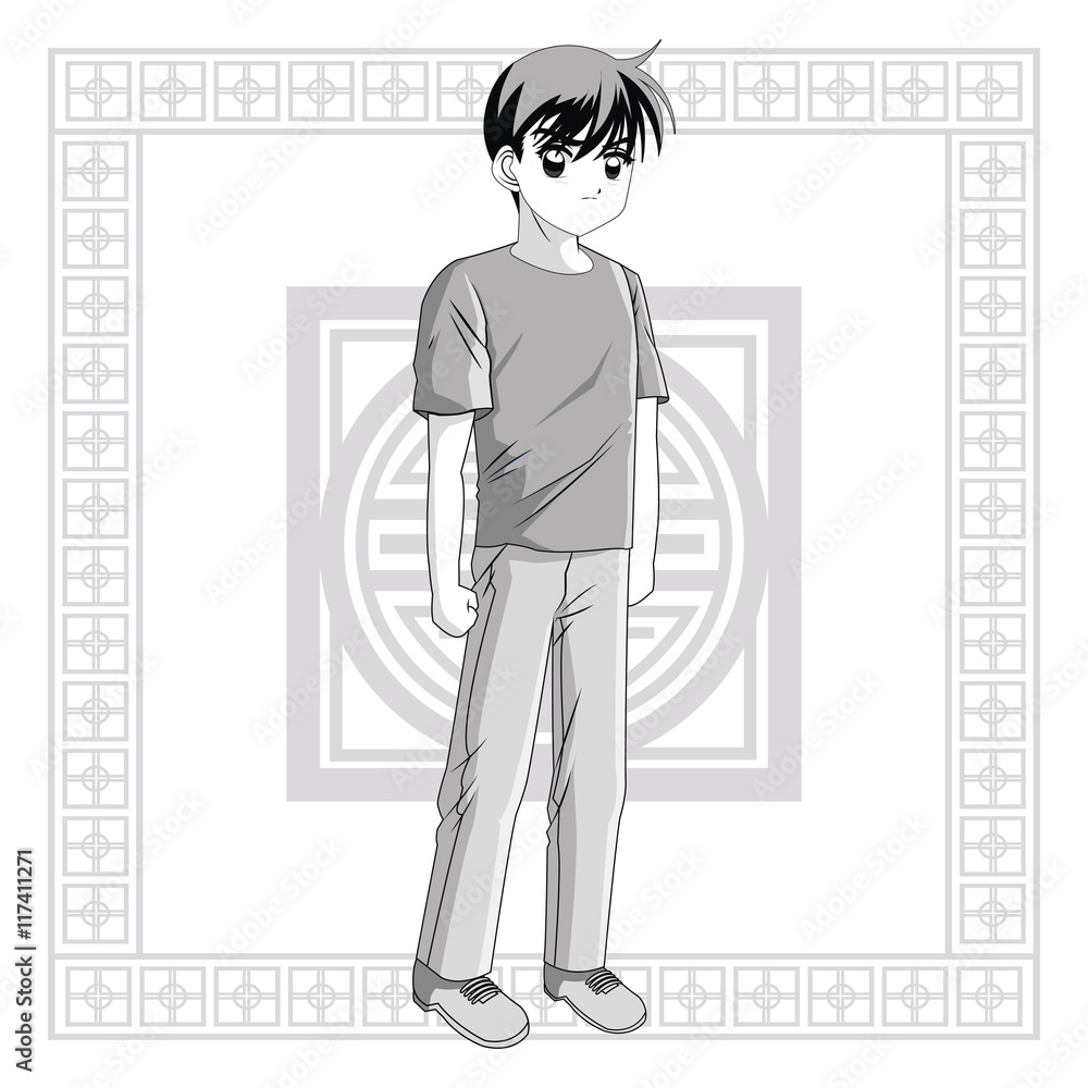Boy frame anime male manga cartoon comic icon. Grey back and white ...