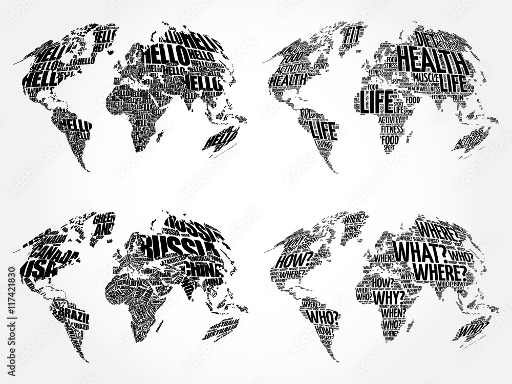 Set of Infographic World Word Cloud Maps in Typography, Health, Hello ...