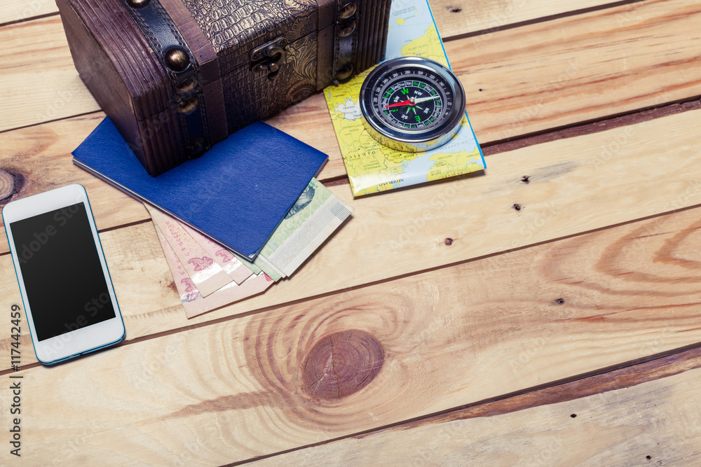 Accessories for travel. Passport, photo camera and travel map. Top view ...