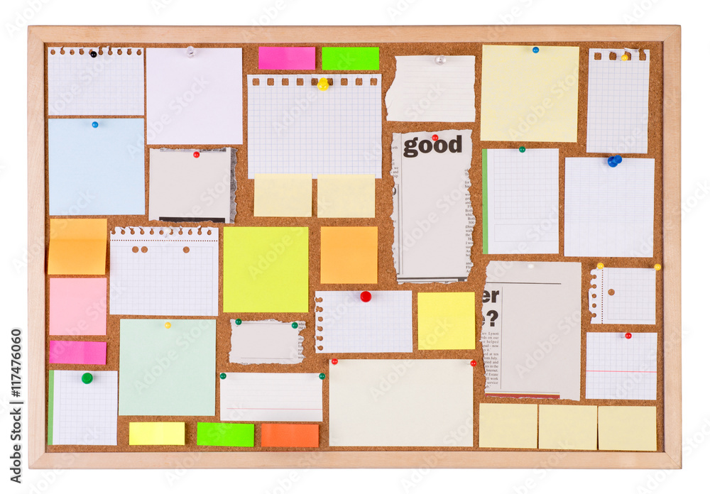 Cork notice board with many blank pieces of paper Stock Photo | Adobe Stock
