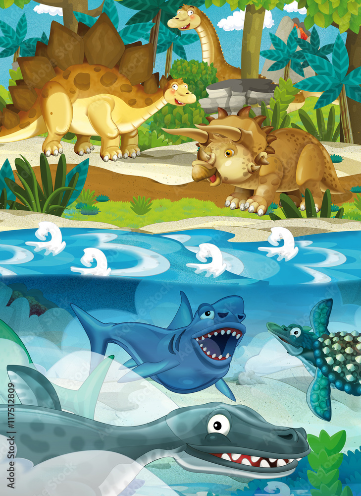 Cartoon happy dinosaur - triceratops diplodocus turtle and other ...