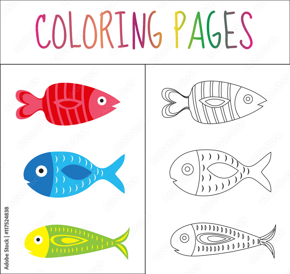 Coloring book page. Set fish. Sketch and color version. Coloring for ...
