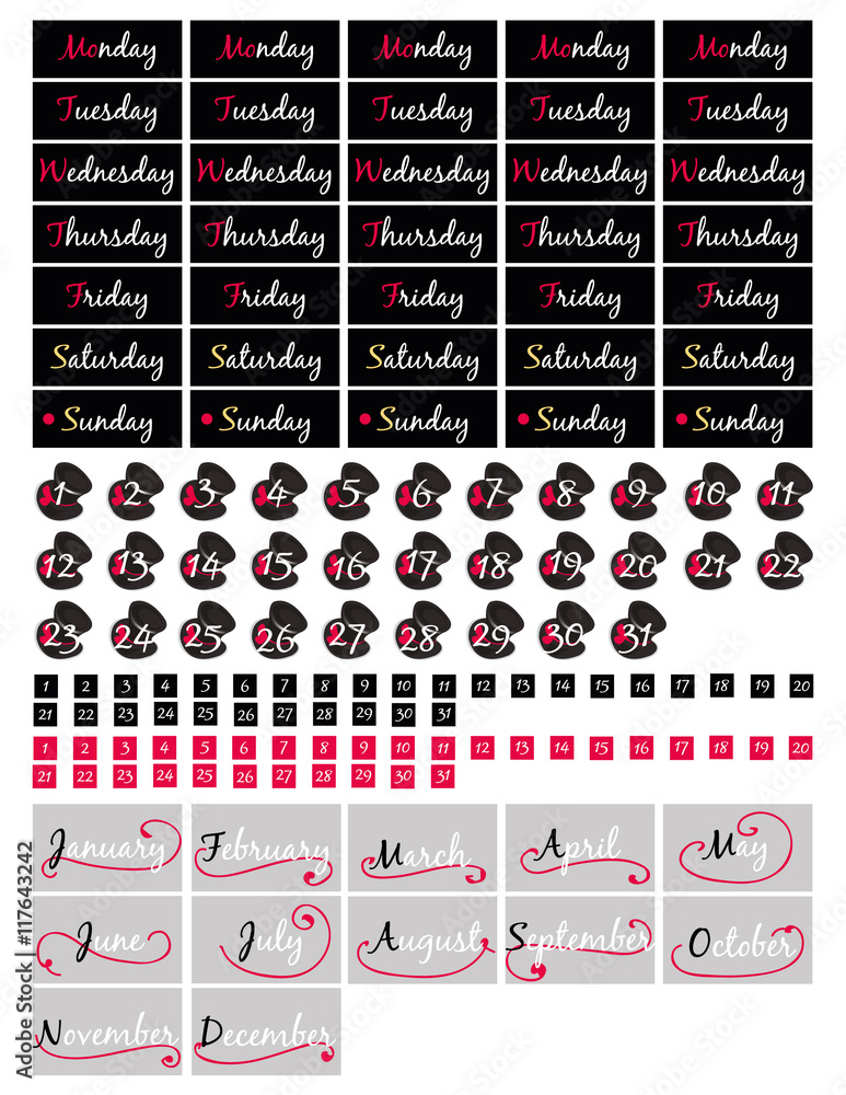 Monthly,weekly and yearly set of calendar elements for all years.To be ...