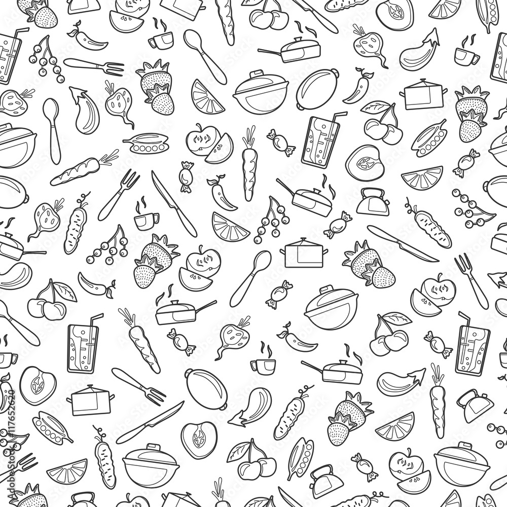 Seamless pattern with outline icons on a theme kitchen accessories and ...
