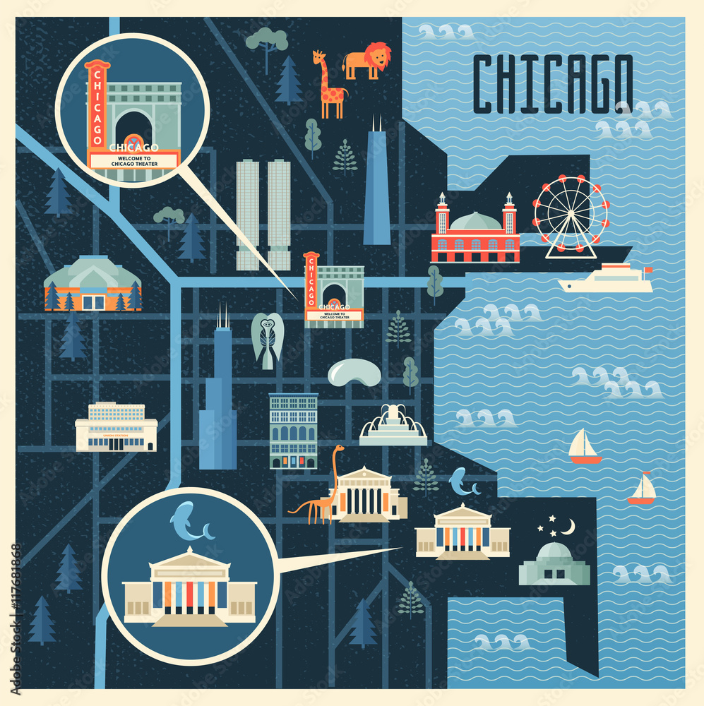Vector illustration of map with landmarks of Chicago. Famous places ...