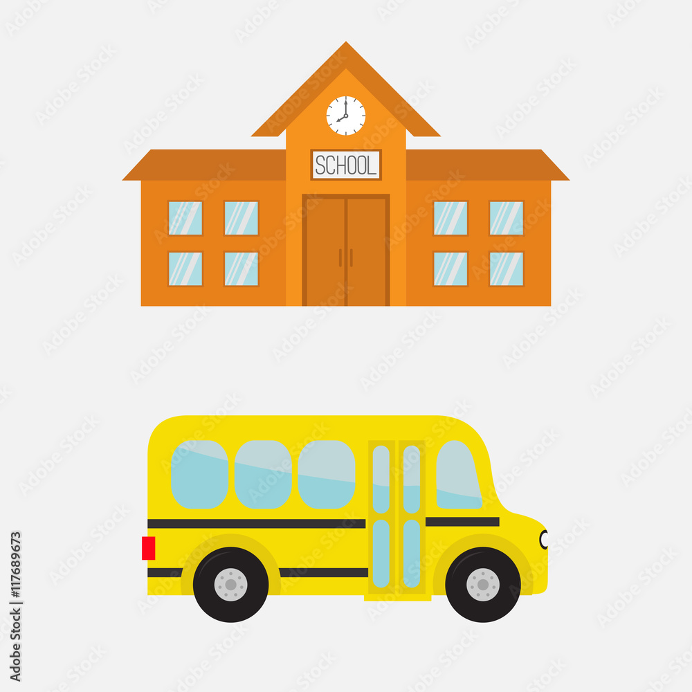 School building with clock and windows. City construction. Yellow ...