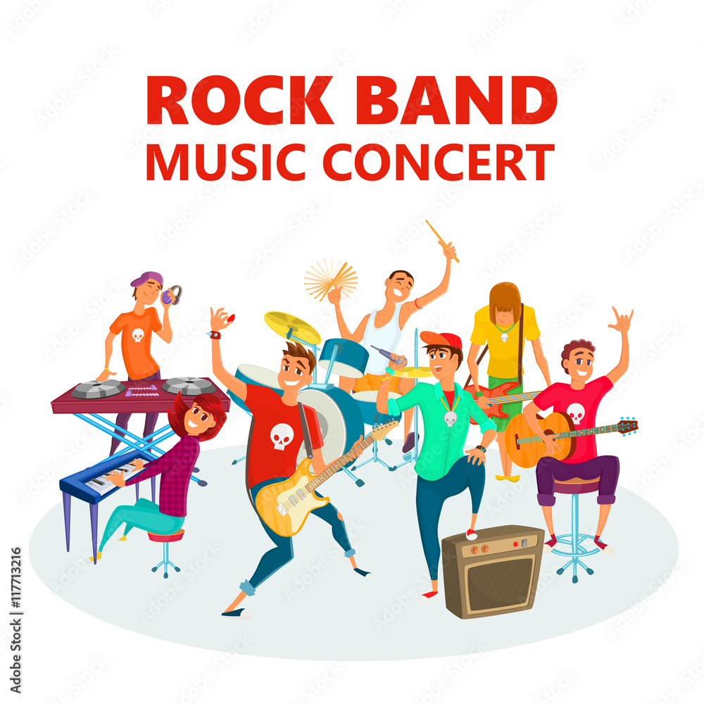 Cartoon Teenage Rock band. Concept music concert background vector ...