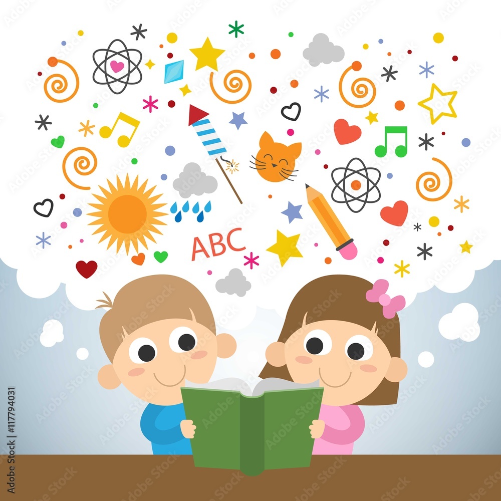 Kids reading a imaginative book Stock Vector | Adobe Stock