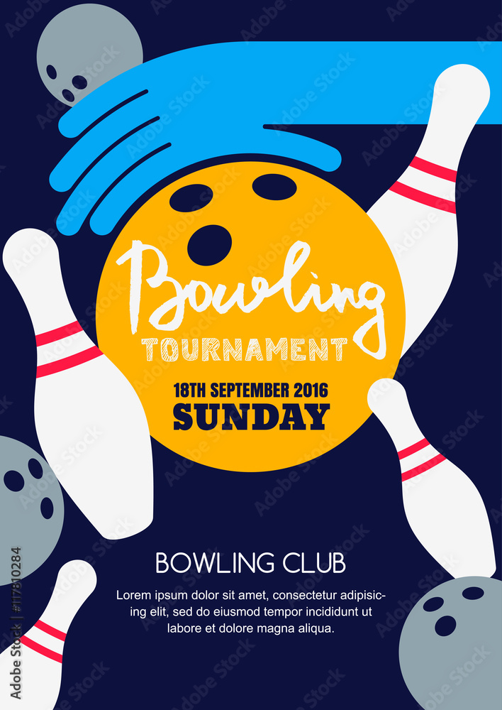 Vector bowling tournament banner, poster or flyer design template. Flat ...