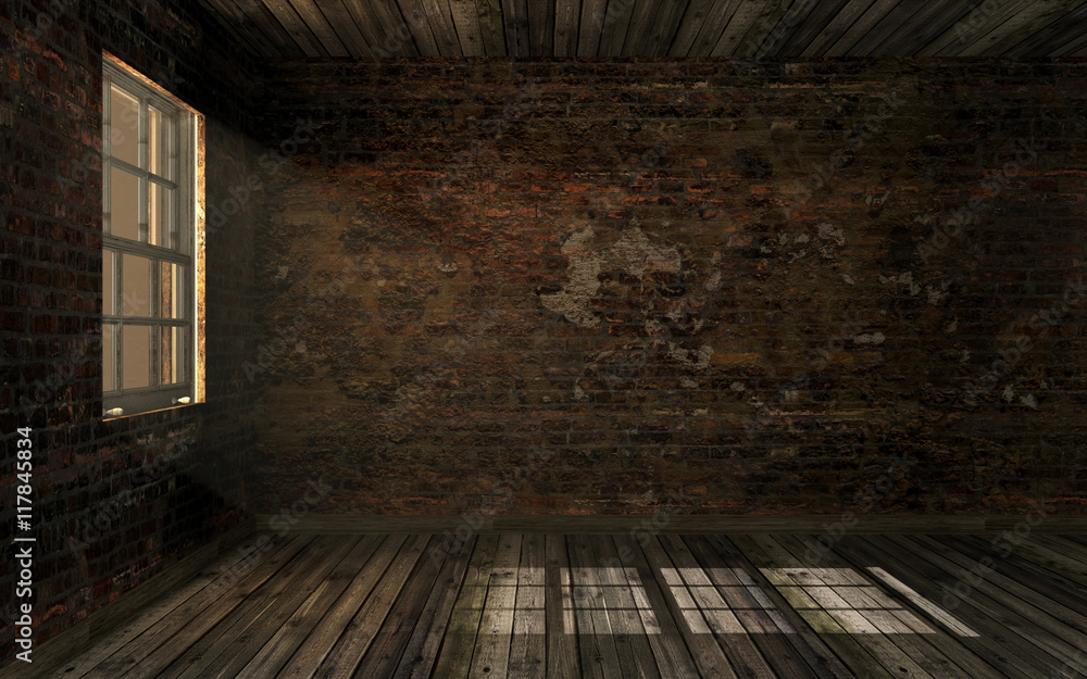 Empty dark old abandoned room with old cracked brick wall and old ...