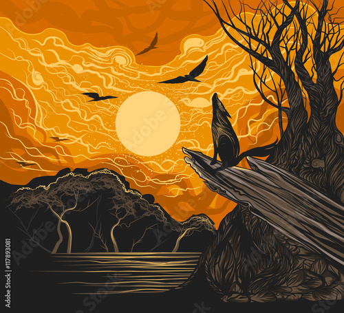 Full moon scene hand drawing vector nature landscape background Stock ...