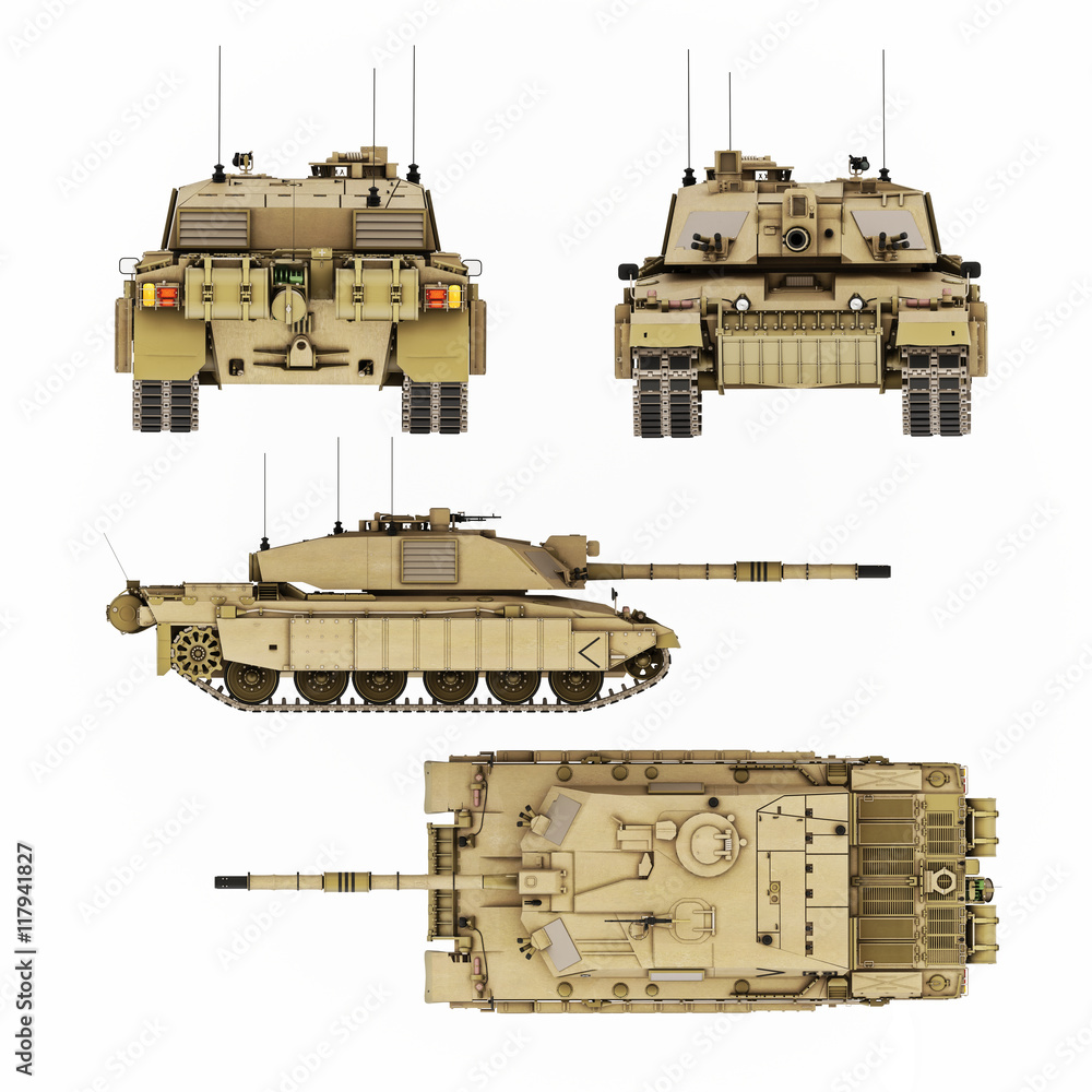Military armored tank illustration with four views of detail. Top,side ...