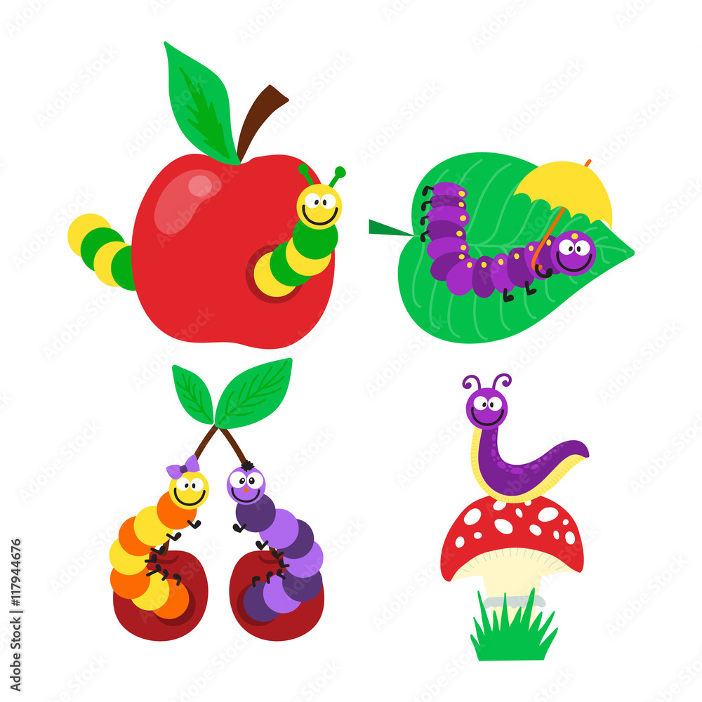 Cute hand drawn crawling caterpillar tree insect element funny little ...