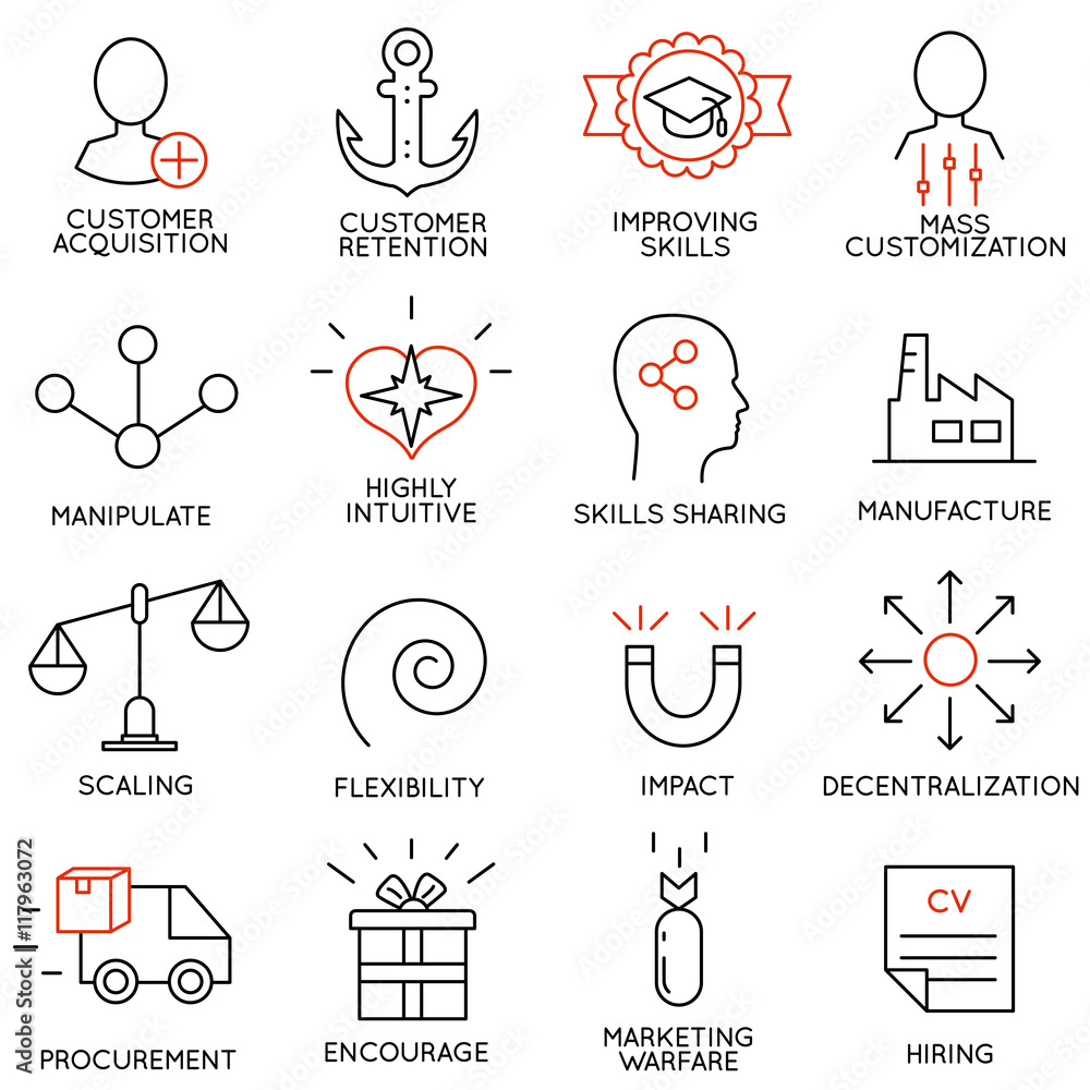 Set linear icons of business management, strategy, career progress and ...