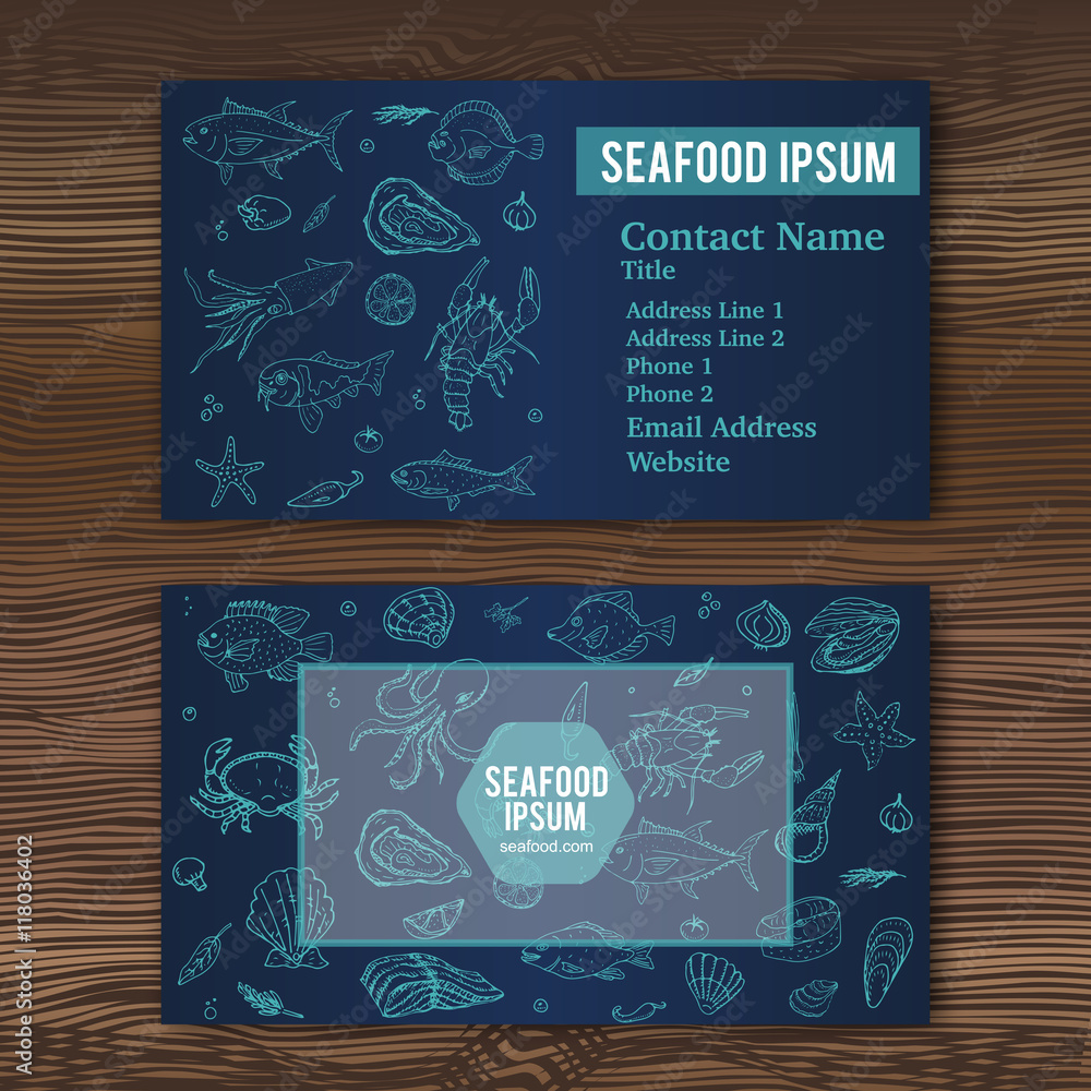 Business card template with hand drawn doodle seafood icons for ...