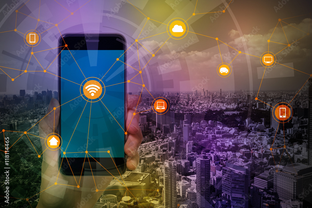 smart phone and smart city, wireless communication network, IoT ...