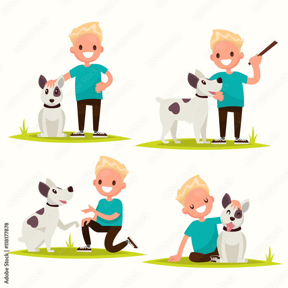 Set of characters. Boy with his beloved dog. Vector illustration Stock ...