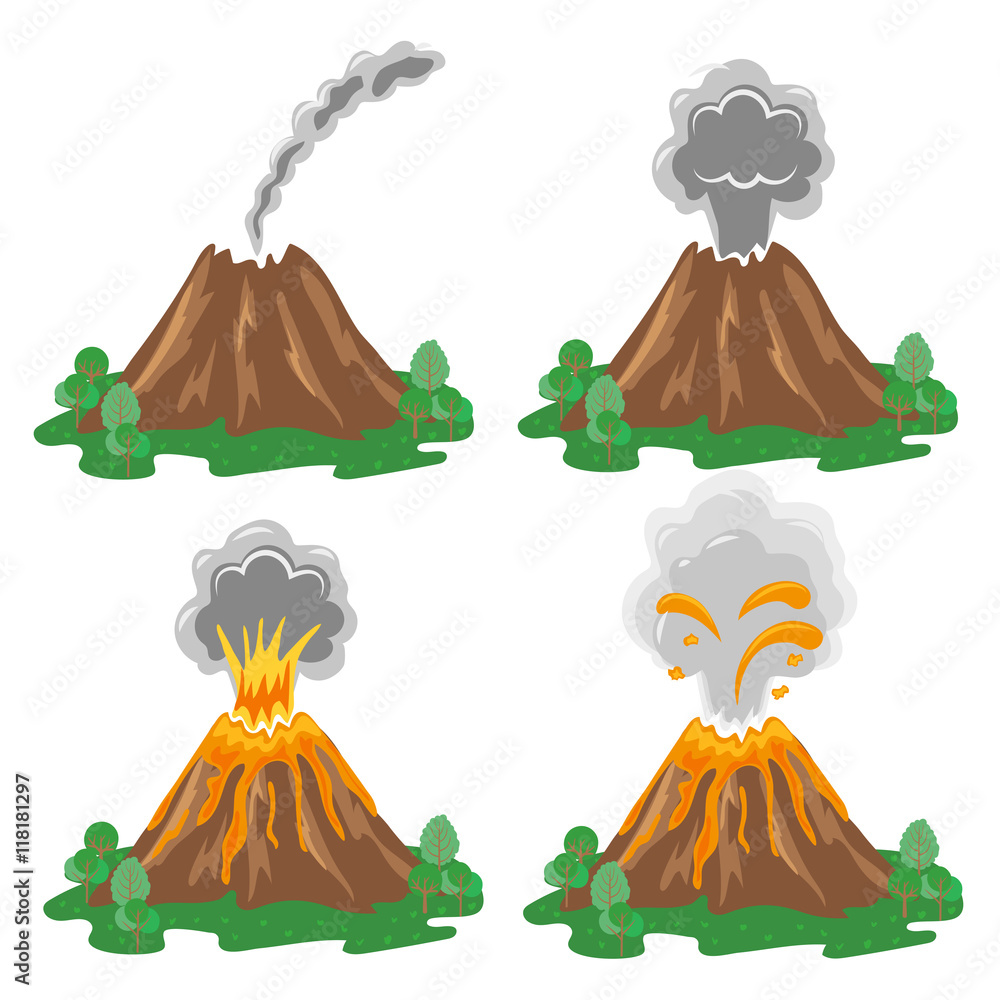 Vector set of volcano eruption illustrations isolated on white ...