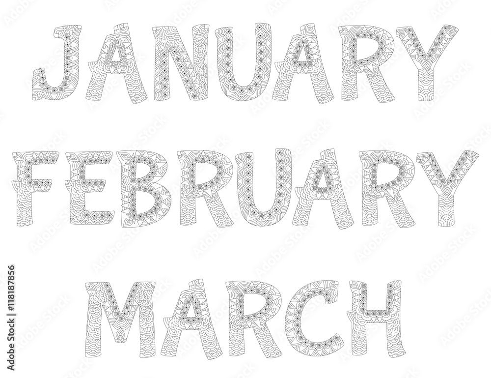 Names of months in the year. January,february,march. Collection 1/4 ...