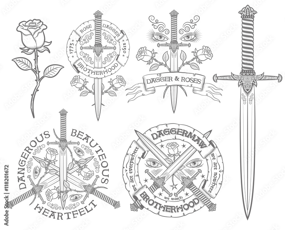 Retro emblem with a dagger and rose. Vintage logo, daggers, roses ...