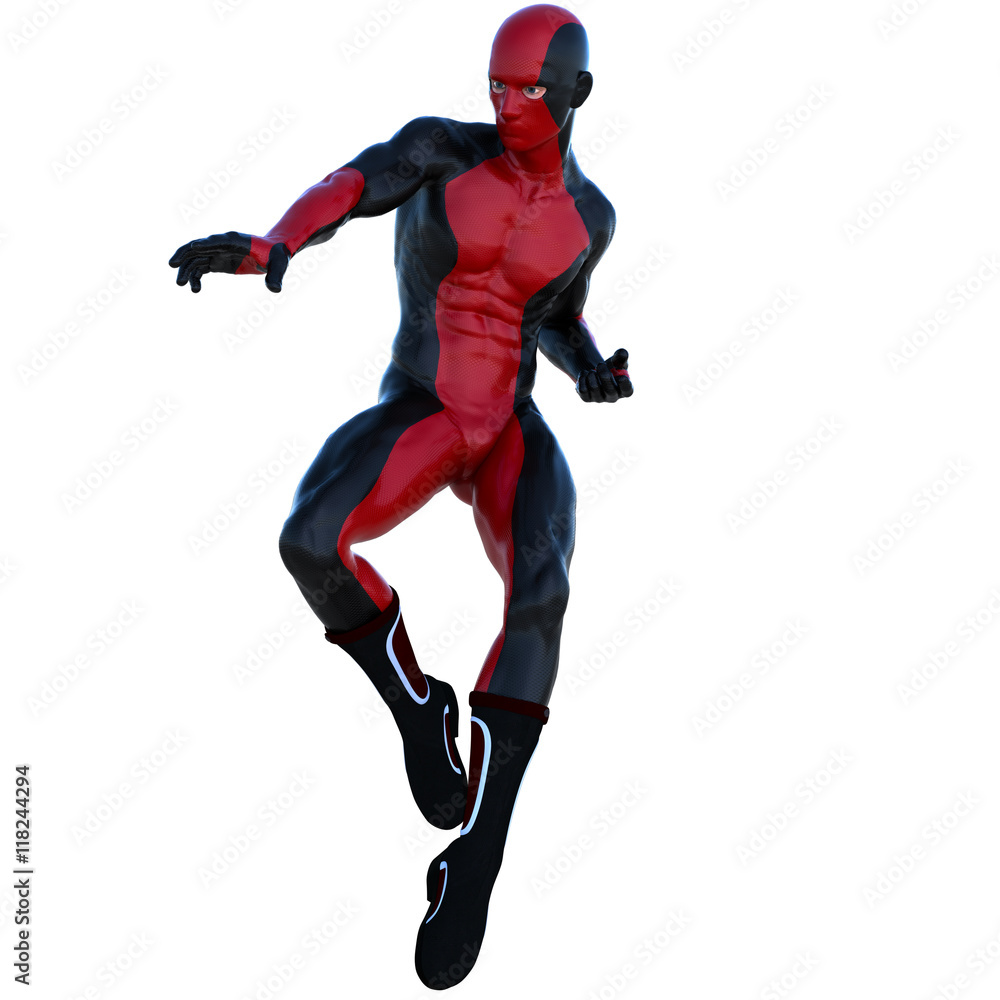 one young superhero man with muscles in red black super suit. He flies ...