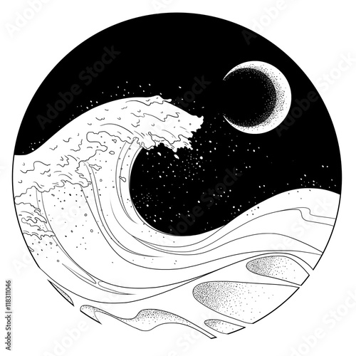 The Wave at Moon Night. Sketch Artwork, Creative Idea, Innovative art ...