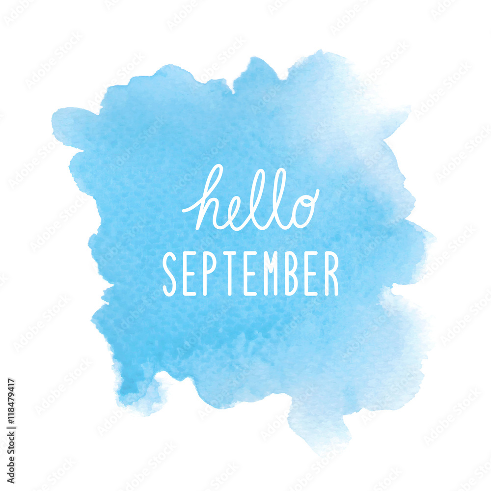 Hello September greeting with blue watercolor background Stock ...