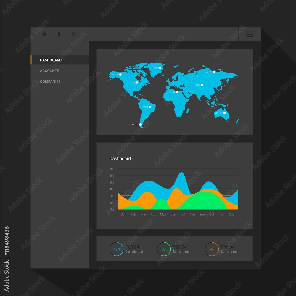 Stock-Vektorgrafik „Infographic dashboard template with flat design graphs and charts ...