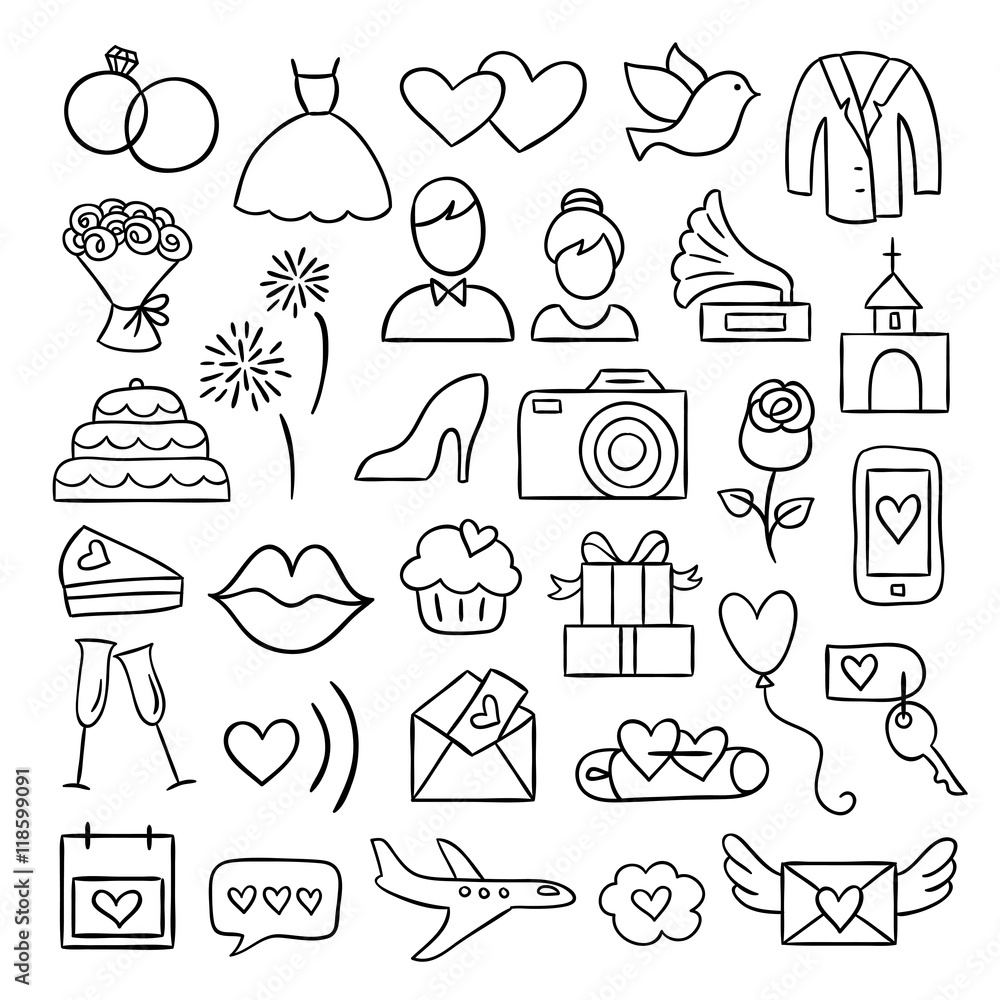 Wedding doodle icons. Hand drawn wedding and marriage illustrations ...