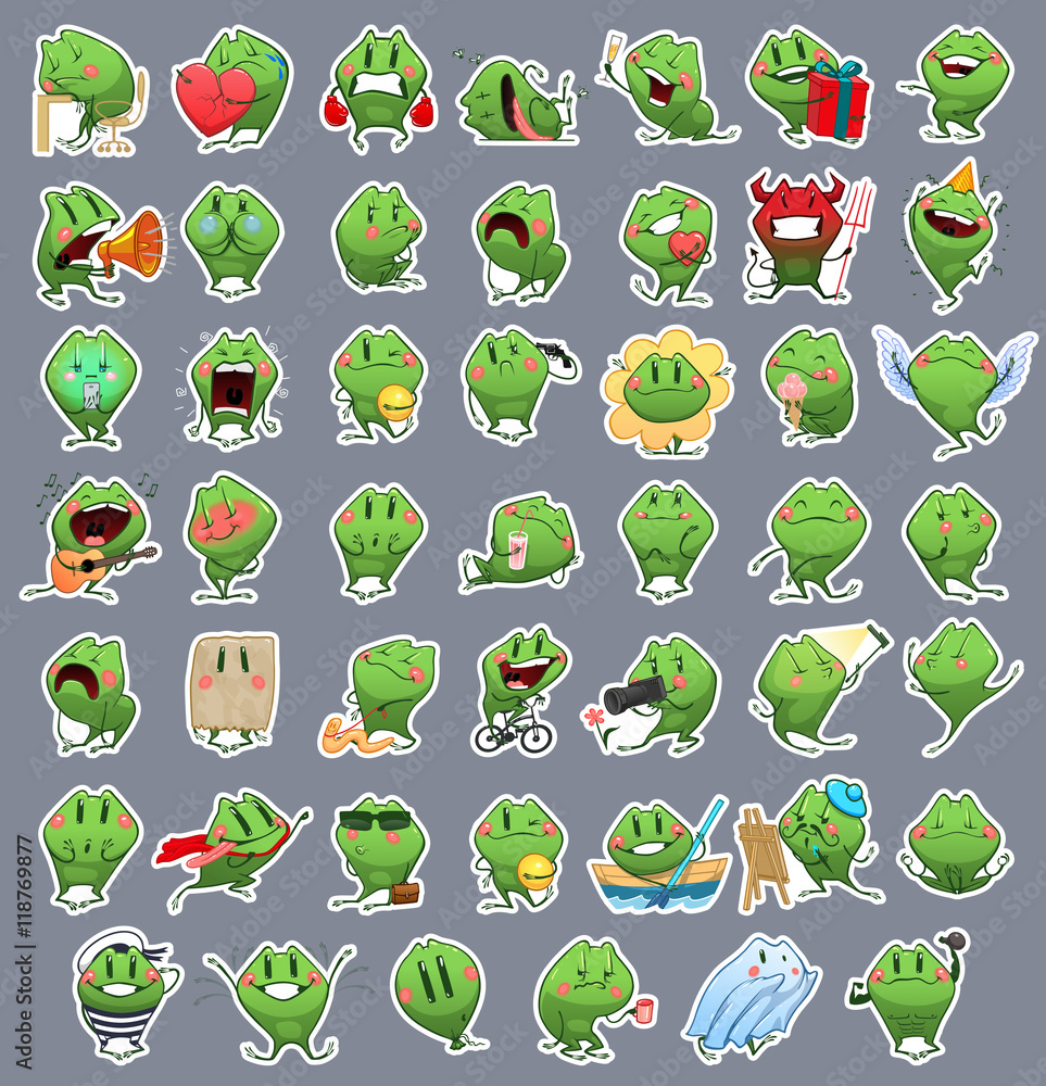 Collection of Emoticon Emoji Cartoon Frog. Vector Emotions Stickers ...