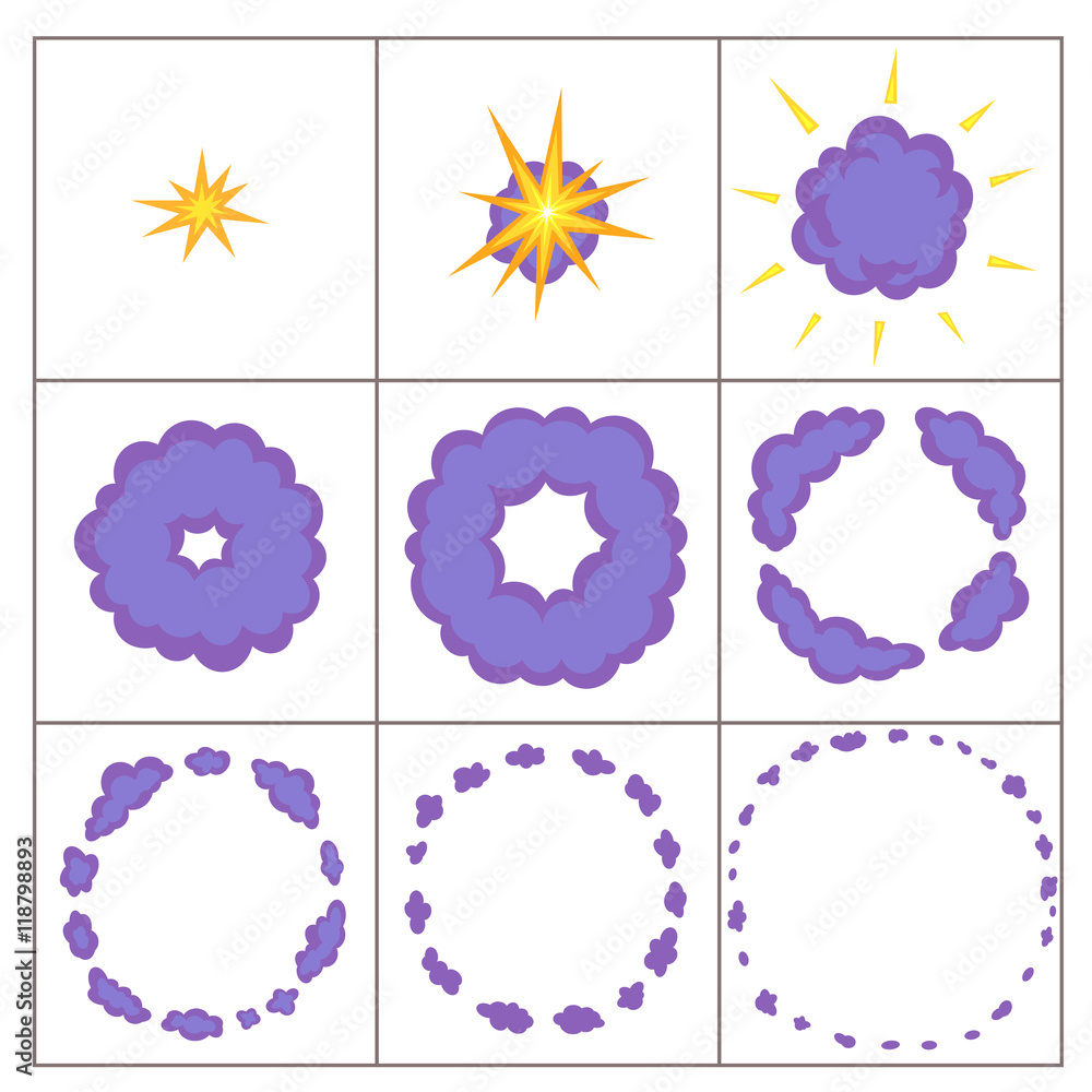 Explode effect animation with smoke. Cartoon bang explosion frames for ...