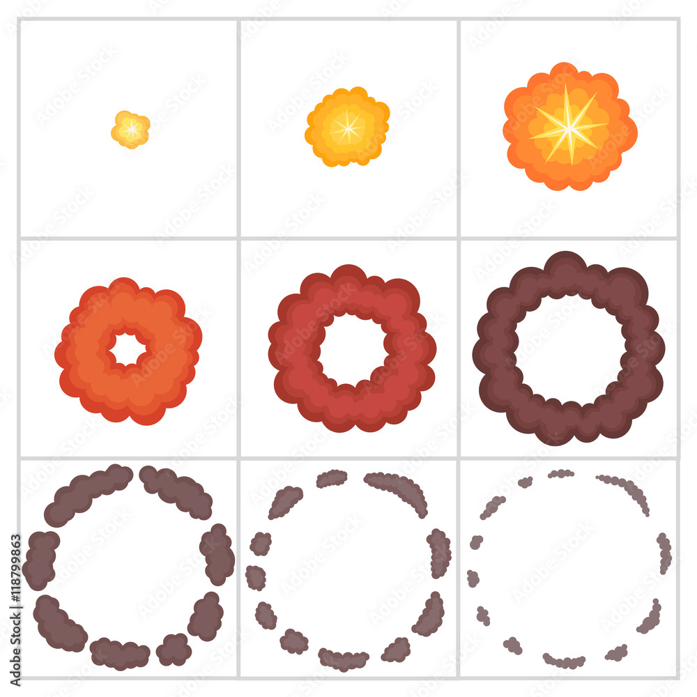 Explode effect animation with smoke. Cartoon bang explosion frames for ...
